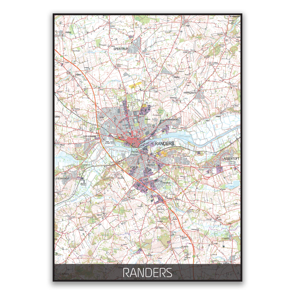 Kortplakat over Randers som topografisk kort – kortplakat.dk