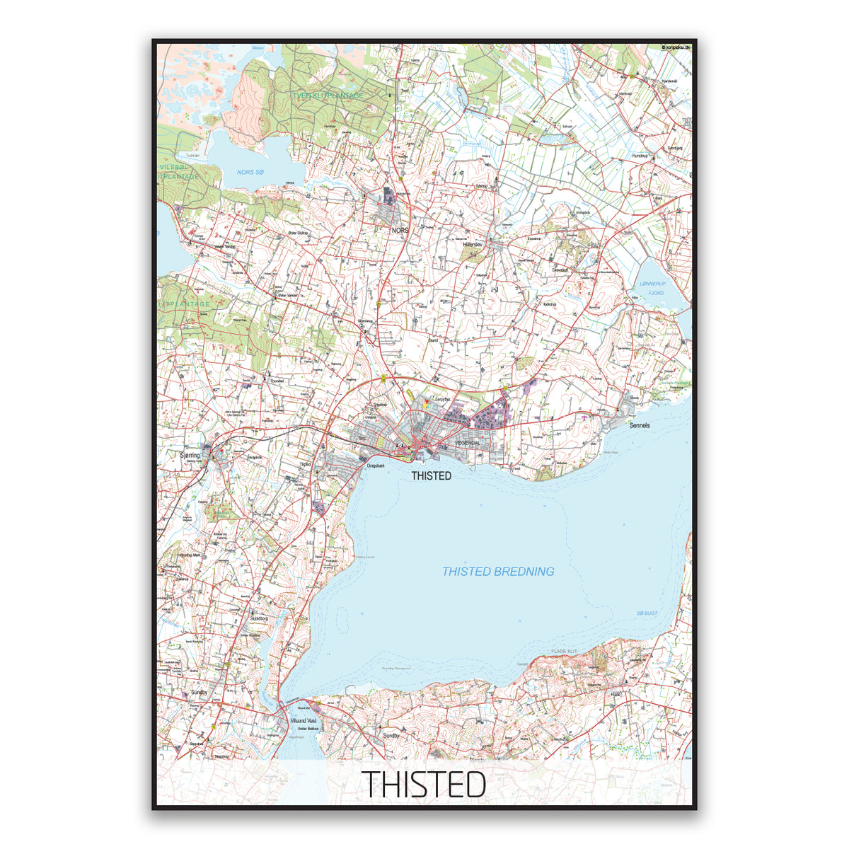 Kortplakat over Thisted som topografisk kort – kortplakat.dk